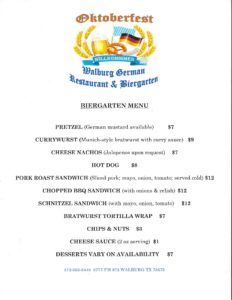 Oktoberfest 2022 Menu's - Walburg German Restaurant